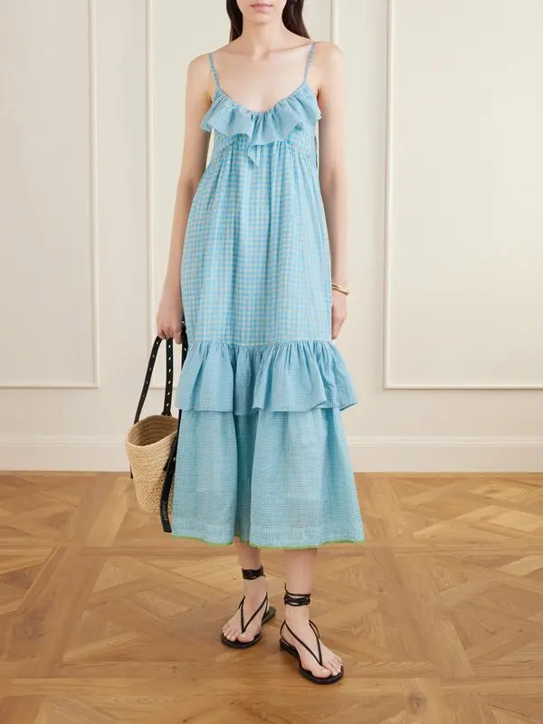 EKA Teek Ruffled Tiered Checkered Cotton Silk Dress