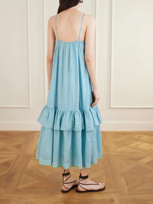 EKA Teek Ruffled Tiered Checkered Cotton Silk Dress