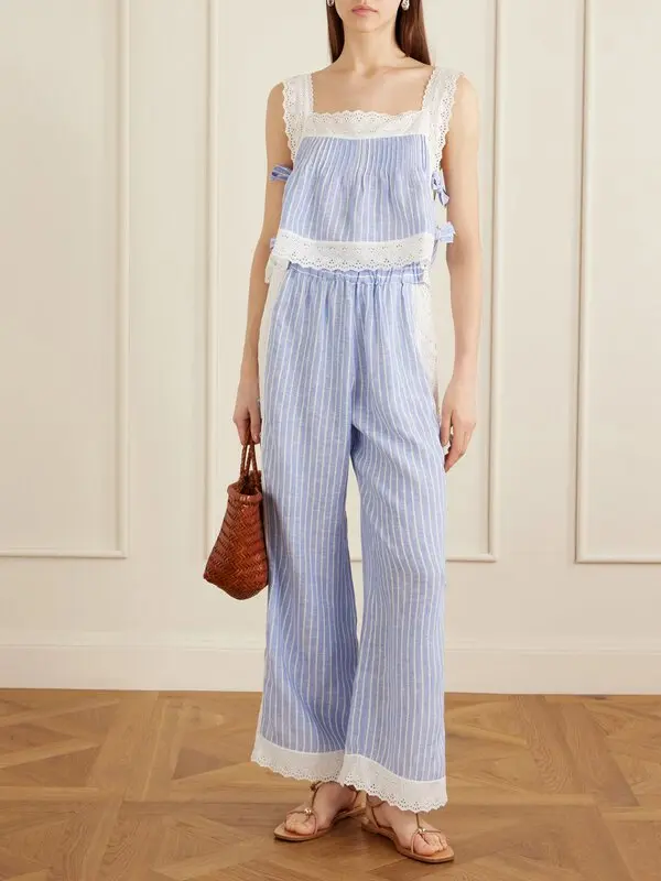 Loretta Caponi Fiocchini Pleated Striped Linen Top