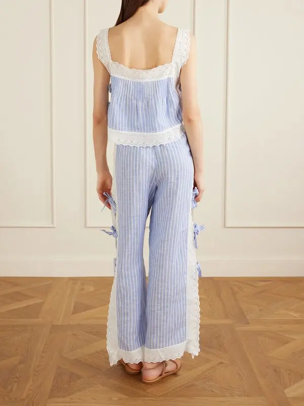 Loretta Caponi Fiocchini Pleated Striped Linen Top