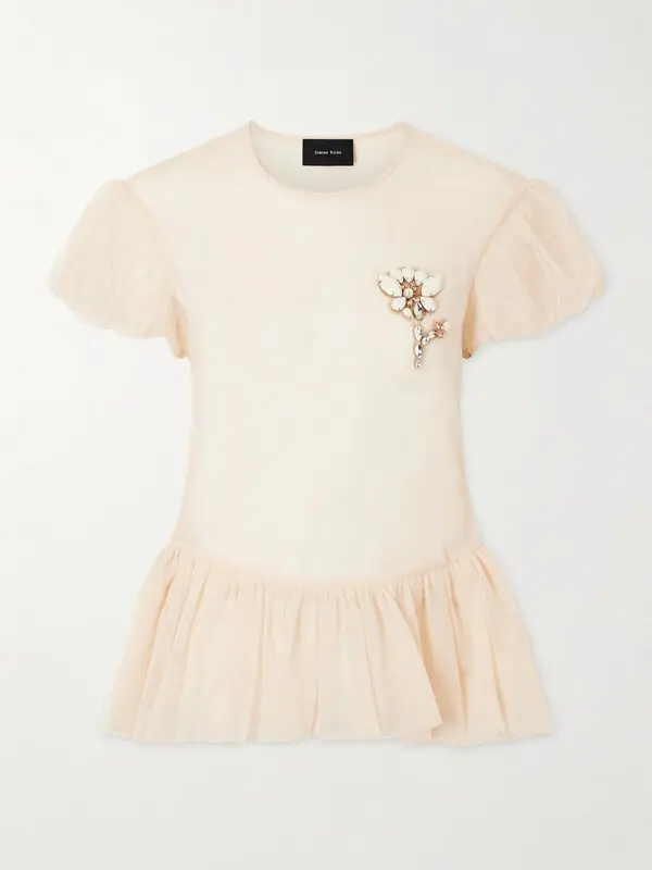 Simone Rocha Embellished Organza Peplum Blouse - Neutrals