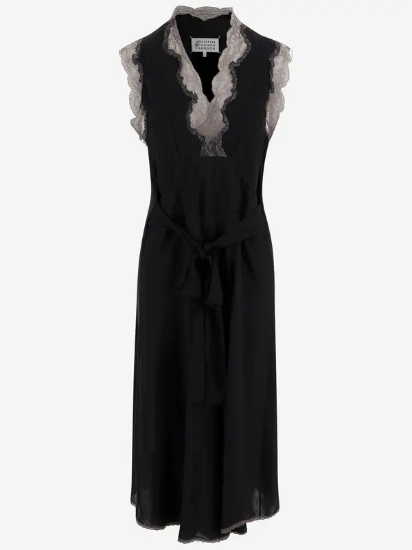 MAISON MARGIELA Mixed Silk Dress With Lace Inserts - Black