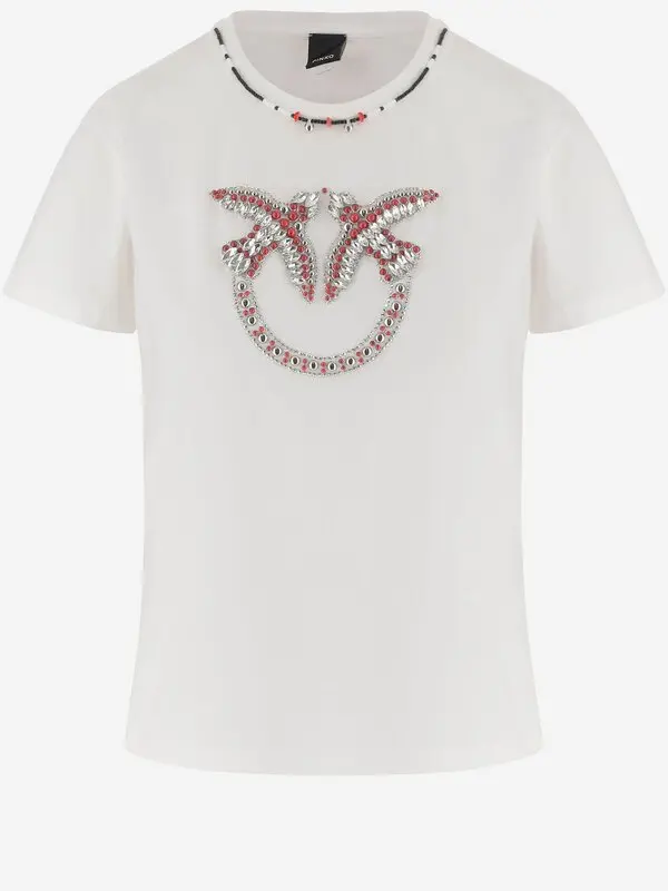 Pinko Cotton T-shirt With Rhinestone Logo - White