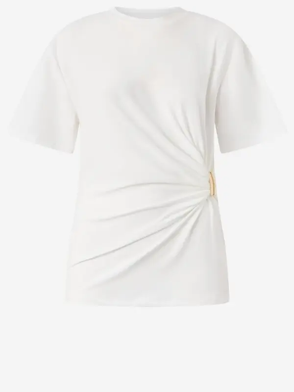 Pinko Stretch Cotton T-shirt With Draping And Gold Appliqu - White