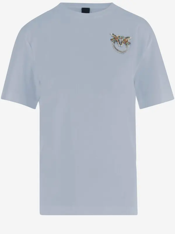 Pinko Cotton T-shirt With Crystal Logo - Light Blue