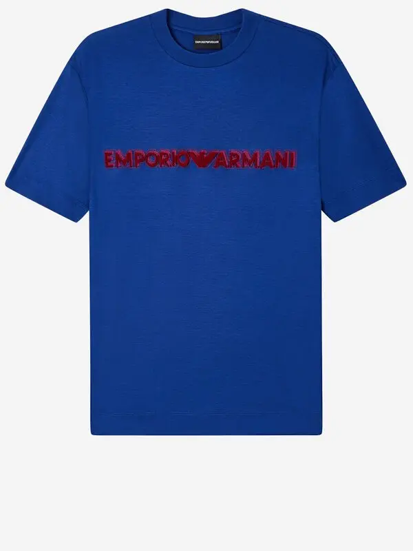 Emporio Armani Cotton Blend T-shirt With Embroidered Logo - Blue