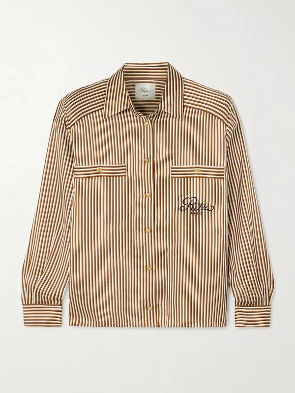 FRAME Ritz Paris Embroidered Striped Silk-satin Shirt