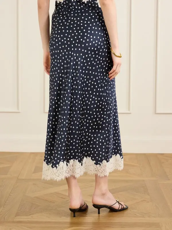 Rixo Matilde Lace-trimmed Polka-dot Satin Midi Skirt