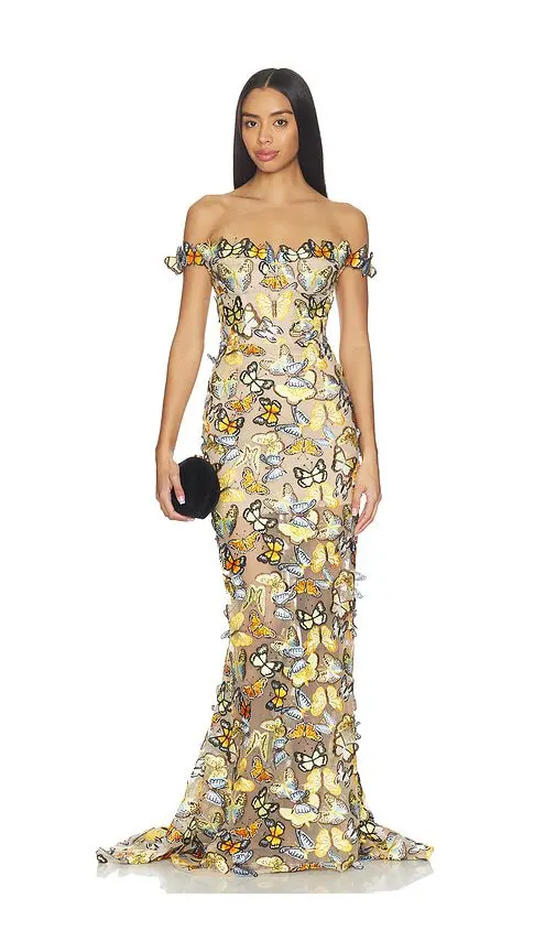 BRONX AND BRONCO Off The Shoulder Gown With Butterfly Applique - Multi