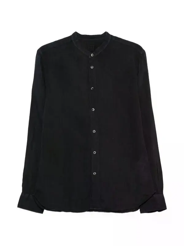 120% Lino Collarless Long-sleeve Shirt - Blue