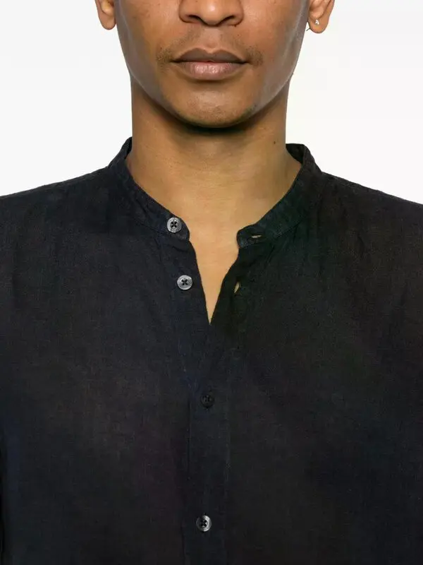 120% Lino Collarless Long-sleeve Shirt - Blue
