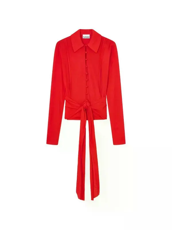 GANNI Marl Mesh Tie Blouse - Red