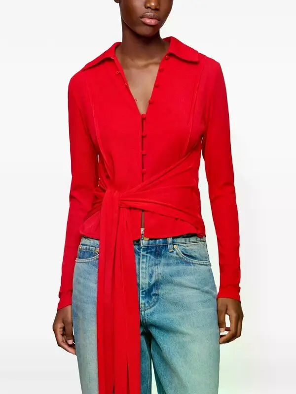 GANNI Marl Mesh Tie Blouse - Red