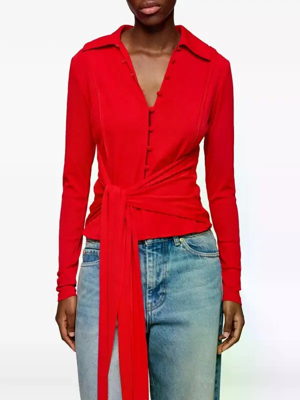 GANNI Marl Mesh Tie Blouse - Red