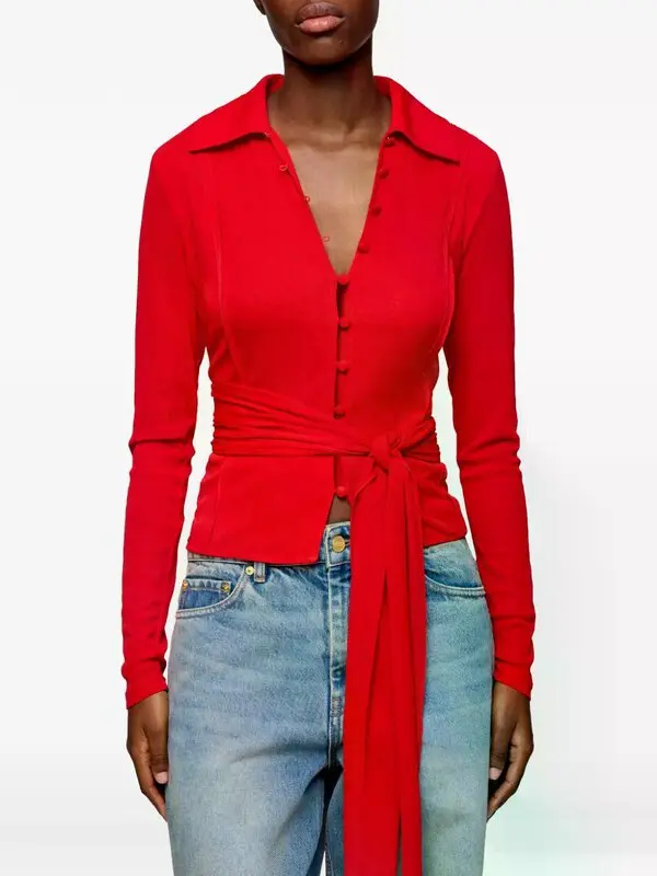 GANNI Marl Mesh Tie Blouse - Red