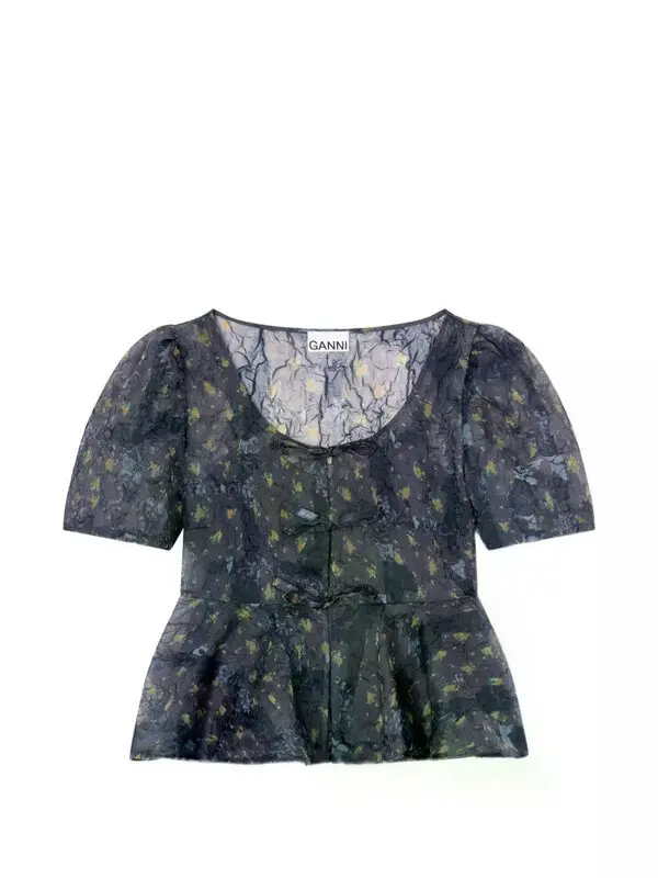GANNI Floral Print Peplum Blouse - Grey