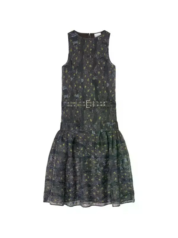 GANNI Floral Belted Midi Dress - Grey