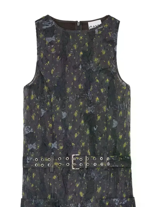 GANNI Floral Belted Midi Dress - Grey