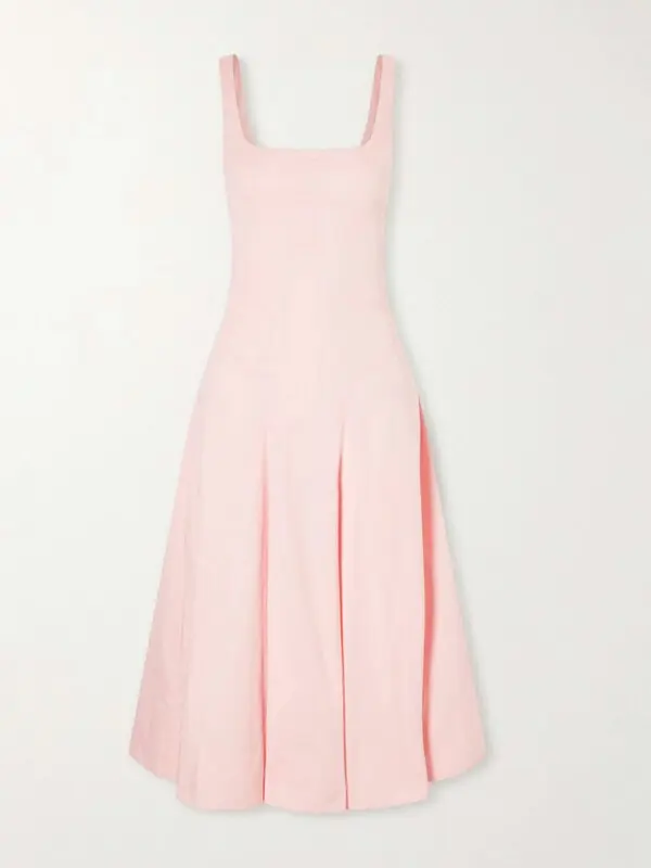 Staud Willow Pleated Cotton-blend Midi Dress