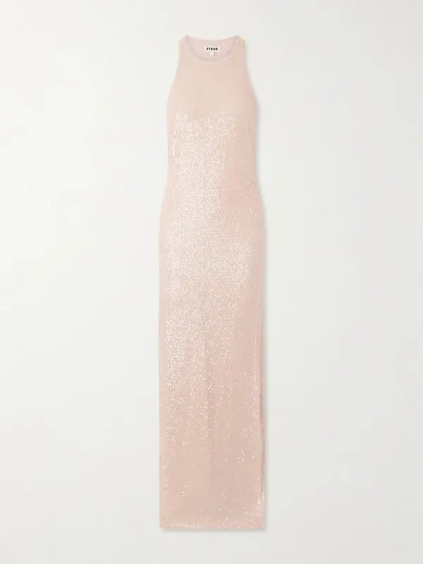 Staud Sequined Tulle Halterneck Midi Dress - Brown