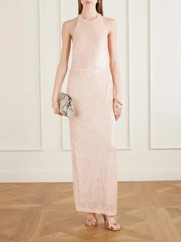 Staud Sequined Tulle Halterneck Midi Dress - Brown