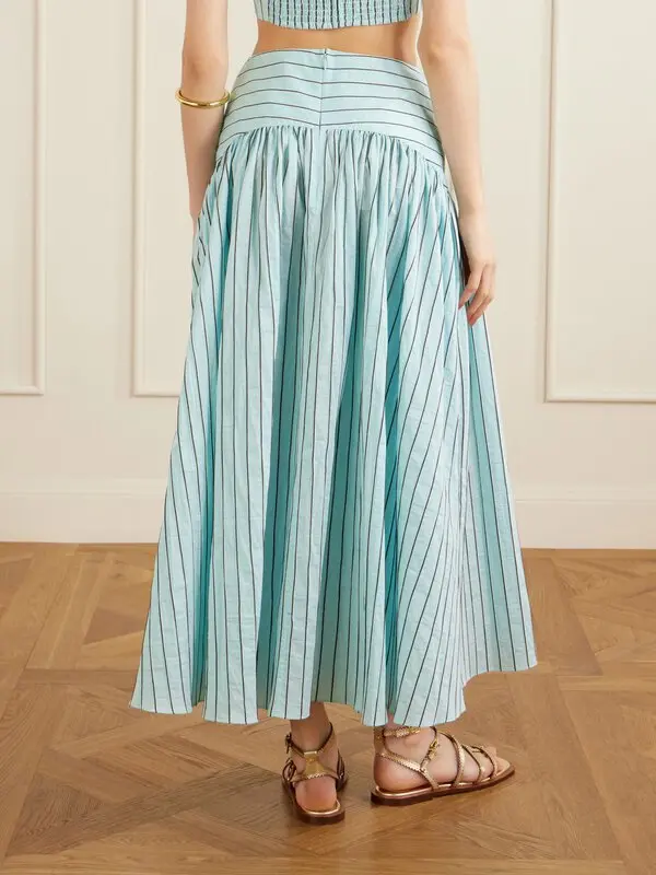 Staud Procida Pleated Striped Cotton-blend Poplin Midi Skirt