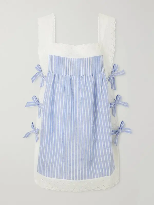 Loretta Caponi Fiocchini Bow-embellished Striped Broderie Anglaise-trimmed Linen Mini Dress - Blue