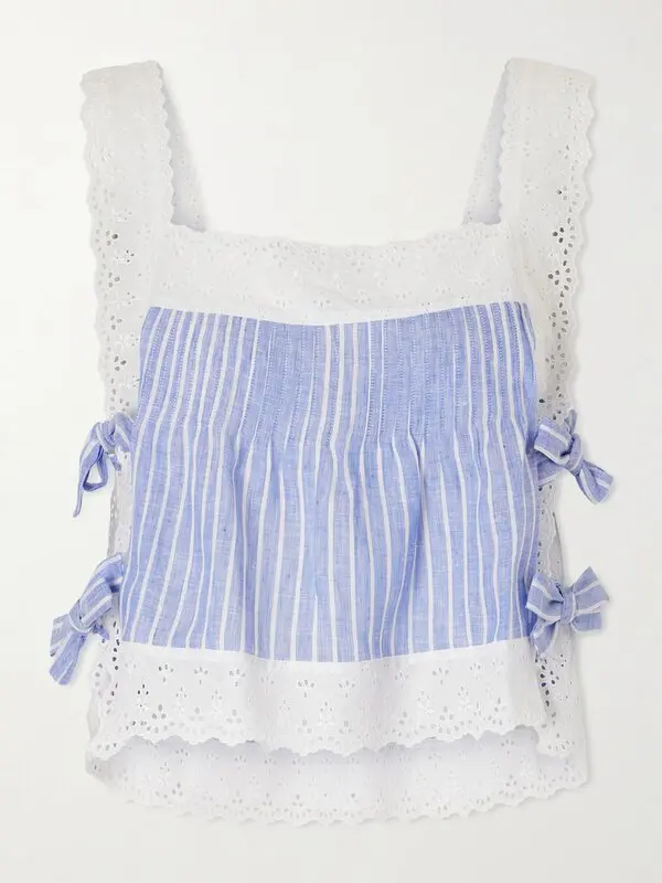 Loretta Caponi Fiocchini Pleated Striped Linen Top - Blue