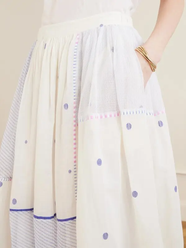 EKA Gathered Striped Cotton-jamdani Midi Skirt