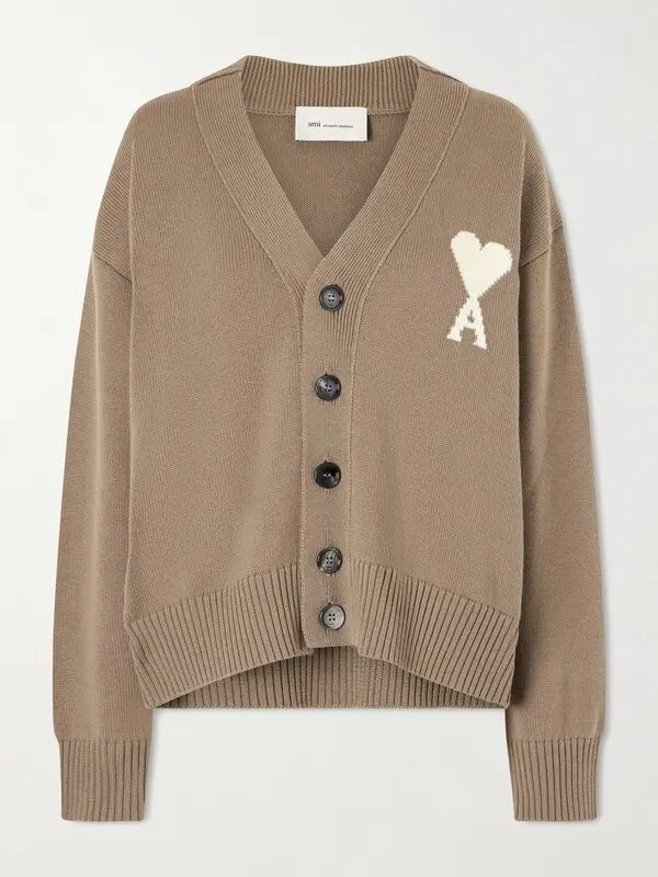 AMI Paris Intarsia Wool And Cotton-blend Cardigan