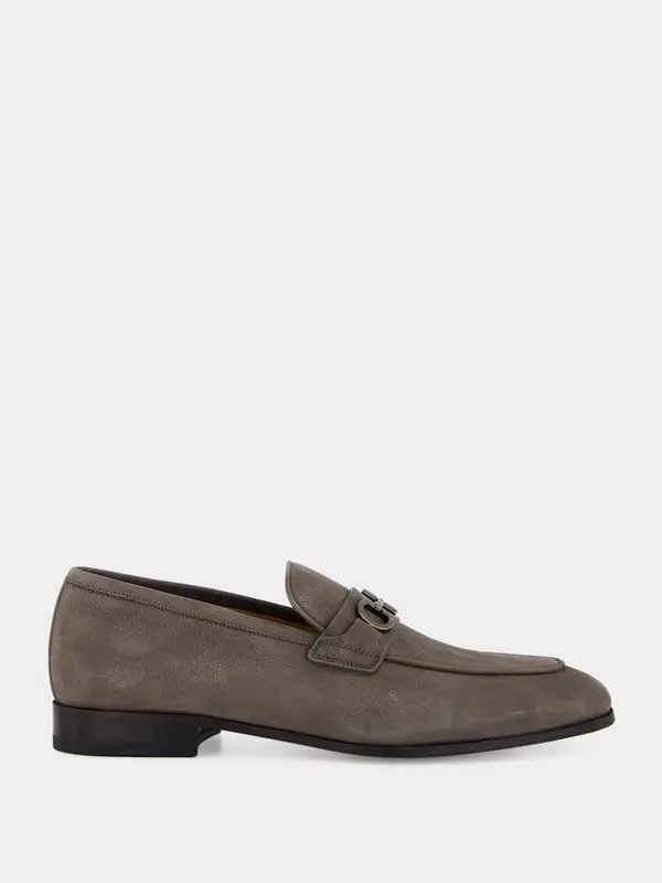 FERRAGAMO Daytona Nubuck Loafers With Gancini Ornament - Grey