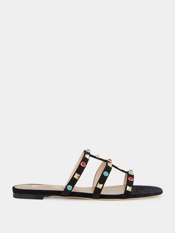 Valentino Garavani Suede Rockstud Flat Sandals - Black
