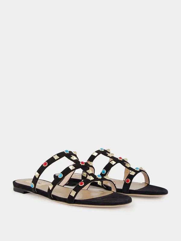 Valentino Garavani Suede Rockstud Flat Sandals - Black