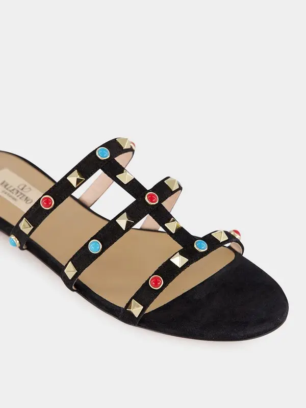 Valentino Garavani Suede Rockstud Flat Sandals - Black