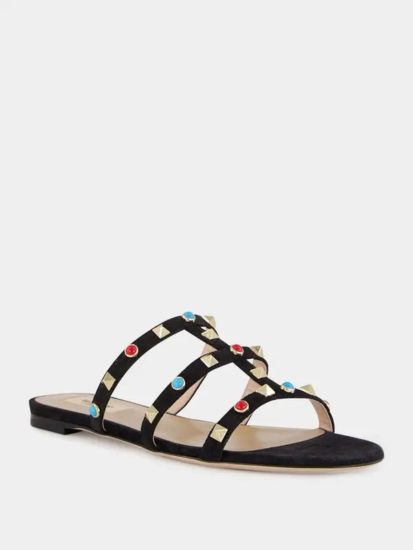 Valentino Garavani Suede Rockstud Flat Sandals - Black
