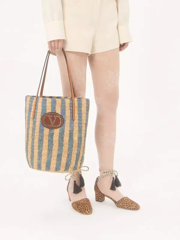 Valentino Garavani Natural And Striped Raffia Shopping Bag - Blue