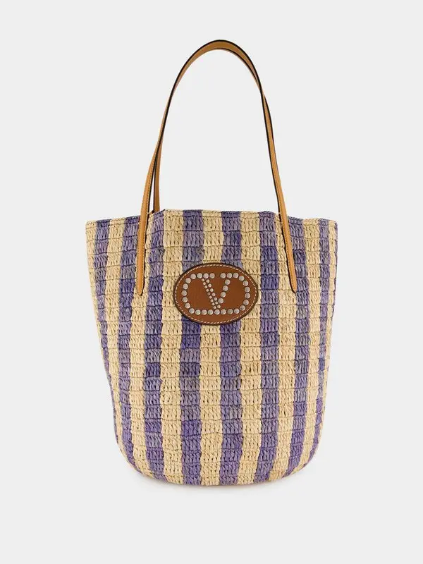 Valentino Garavani Natural And Striped Raffia Shopping Bag - Blue