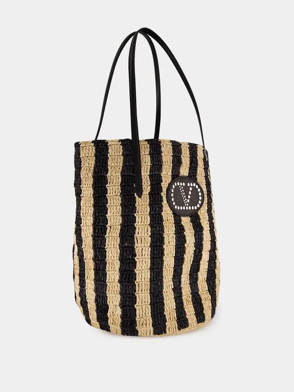 Valentino Garavani Natural And Striped Raffia Shopper - Black