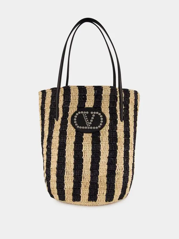 Valentino Garavani Natural And Striped Raffia Shopper - Black