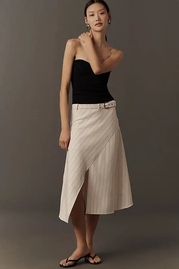 Anthropologie Asymmetric Midi Wrap Skirt - Ivory/black Pinstripe