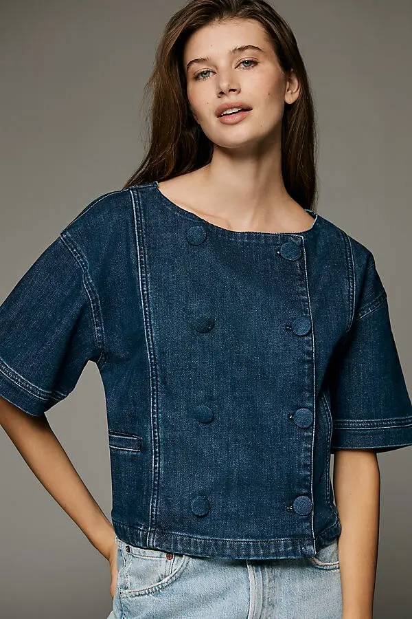 Maeve Short-sleeve Double-breasted Denim Jacket - Cherbourg Blue