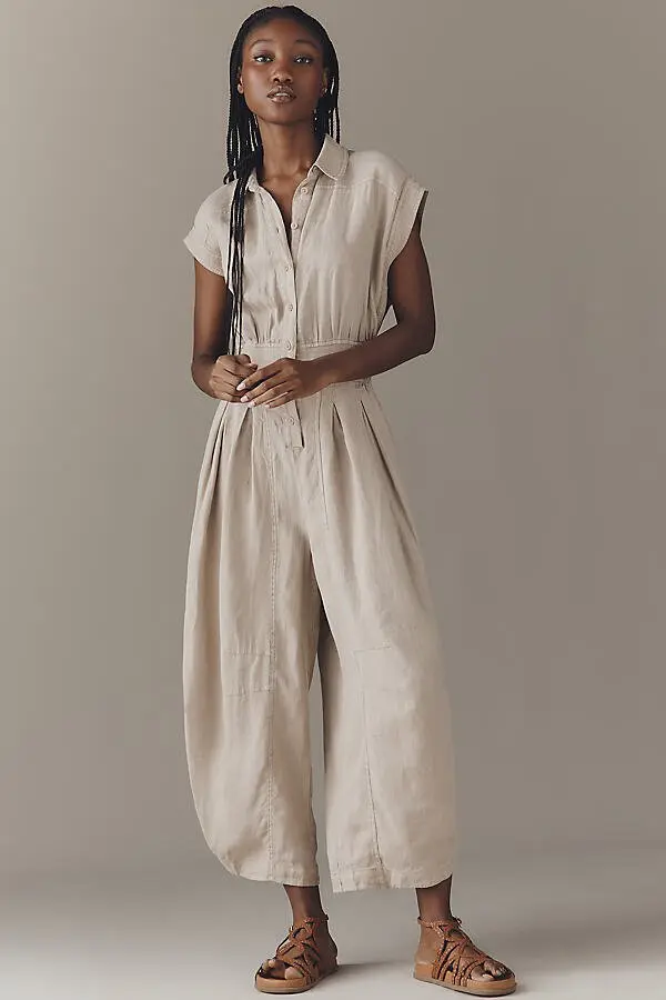 Anthropologie Linen Shirting Jumpsuit - Grey Putty