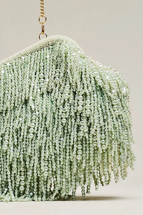 CELANDINE Beaded Pearl Fringe Clutch - Mint