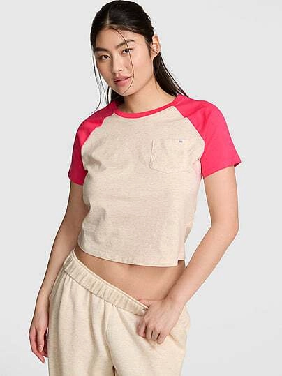 Pink Cotton Raglan Sleeve Tee - Beige