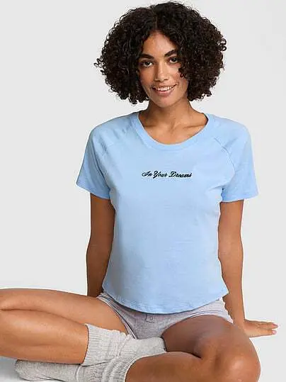 Pink Cotton Raglan Sleeve Tee - Blue