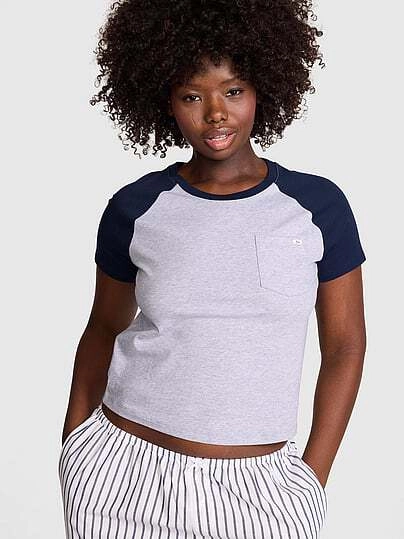 Pink Cotton Raglan Sleeve Tee - Grey