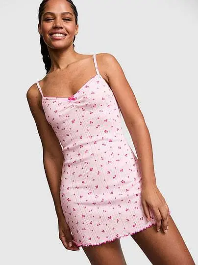 Pink Pointelle Sweetheart Slip Dress - Floral