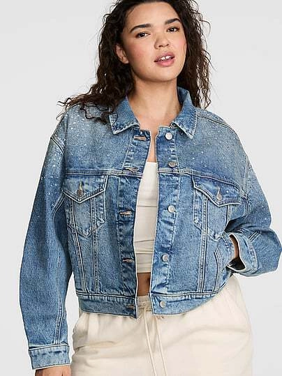 Pink Denim Boyfriend Trucker Jacket With Diamanté Details - Blue