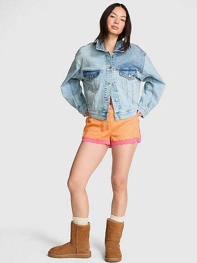 Pink Denim Trucker Jacket With Embellishments - Blue