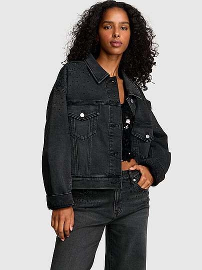Pink Denim Trucker Jacket With Embellishments - Blue